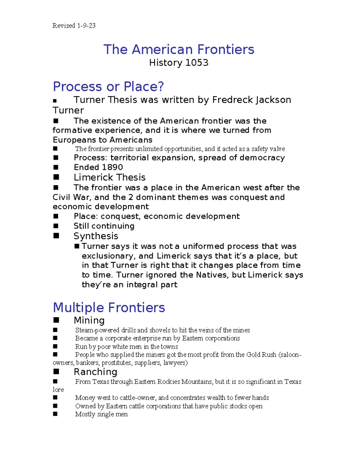 American Frontiers History 1053: Process vs. Place in Turner Thesis ...