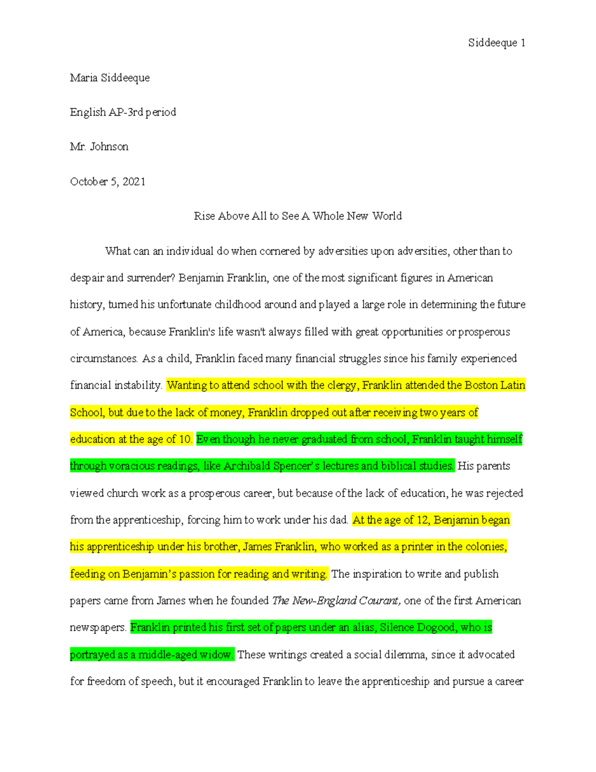 ENG 101 Essay: Overcoming Adversity Through Benjamin Franklin's Journey ...