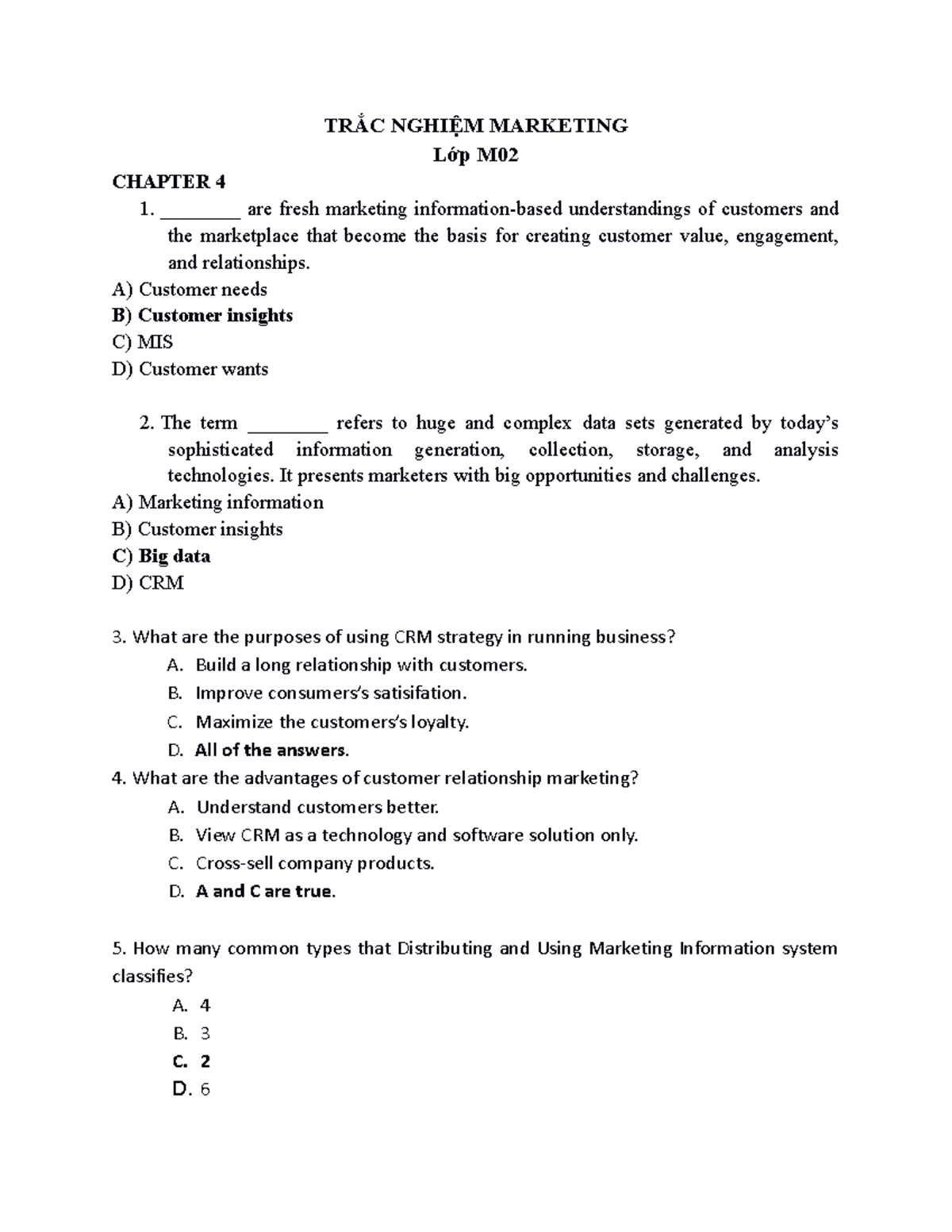 Trắc nghiệm Marketing - Multiple Choice Questions M02 - Studocu