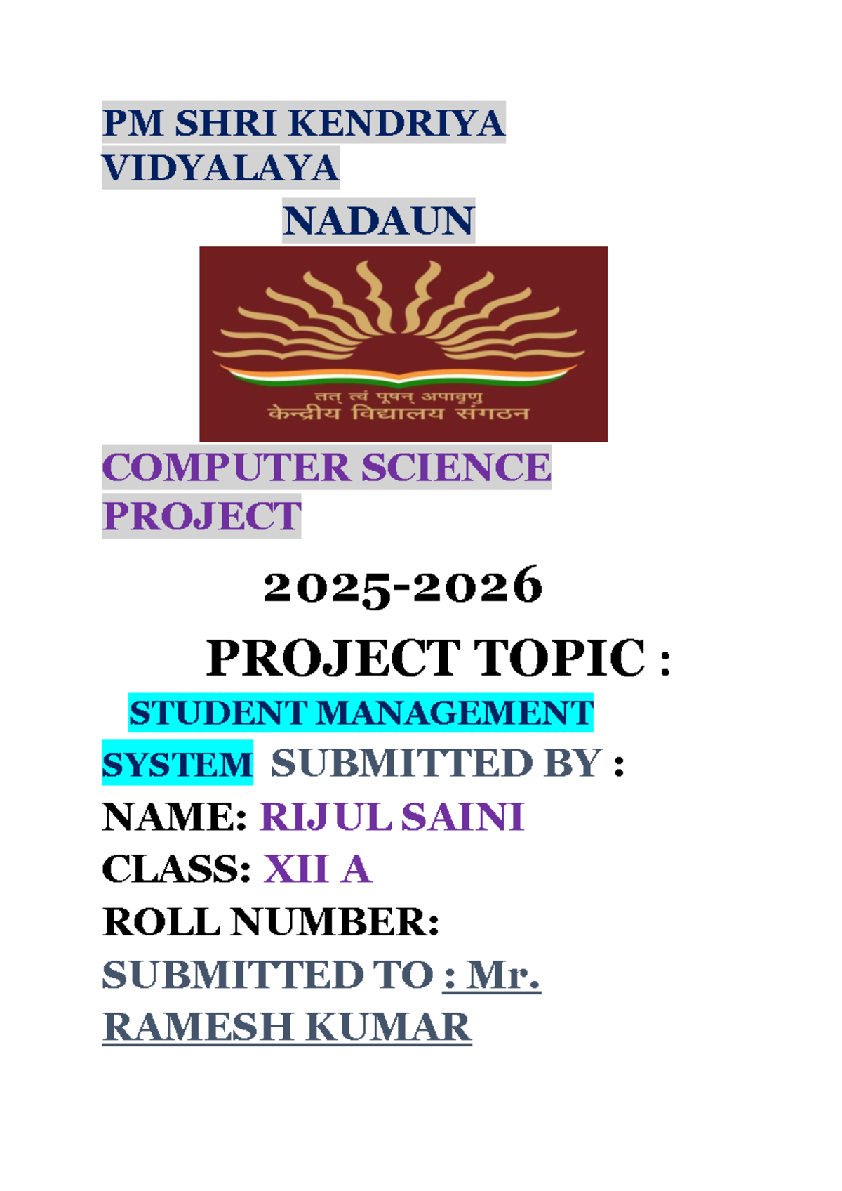 XII A Computer Science Project: Student Management System - Studocu