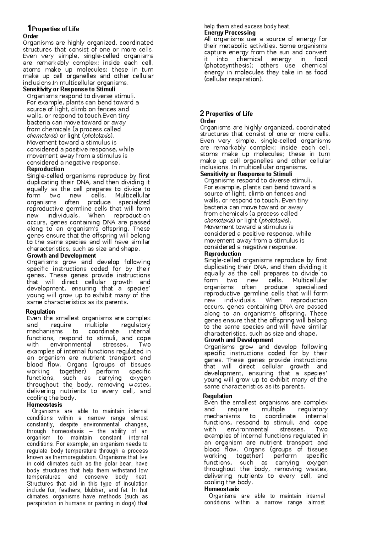 Properties of Life - Lecture Notes (Biology 101) - Studocu