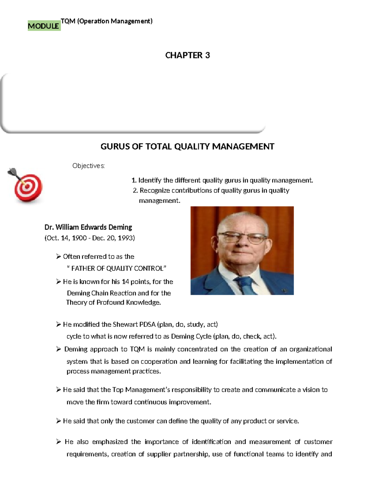 Chapter 3: Gurus of TQM in Operations Management (TQM 101) - Studocu