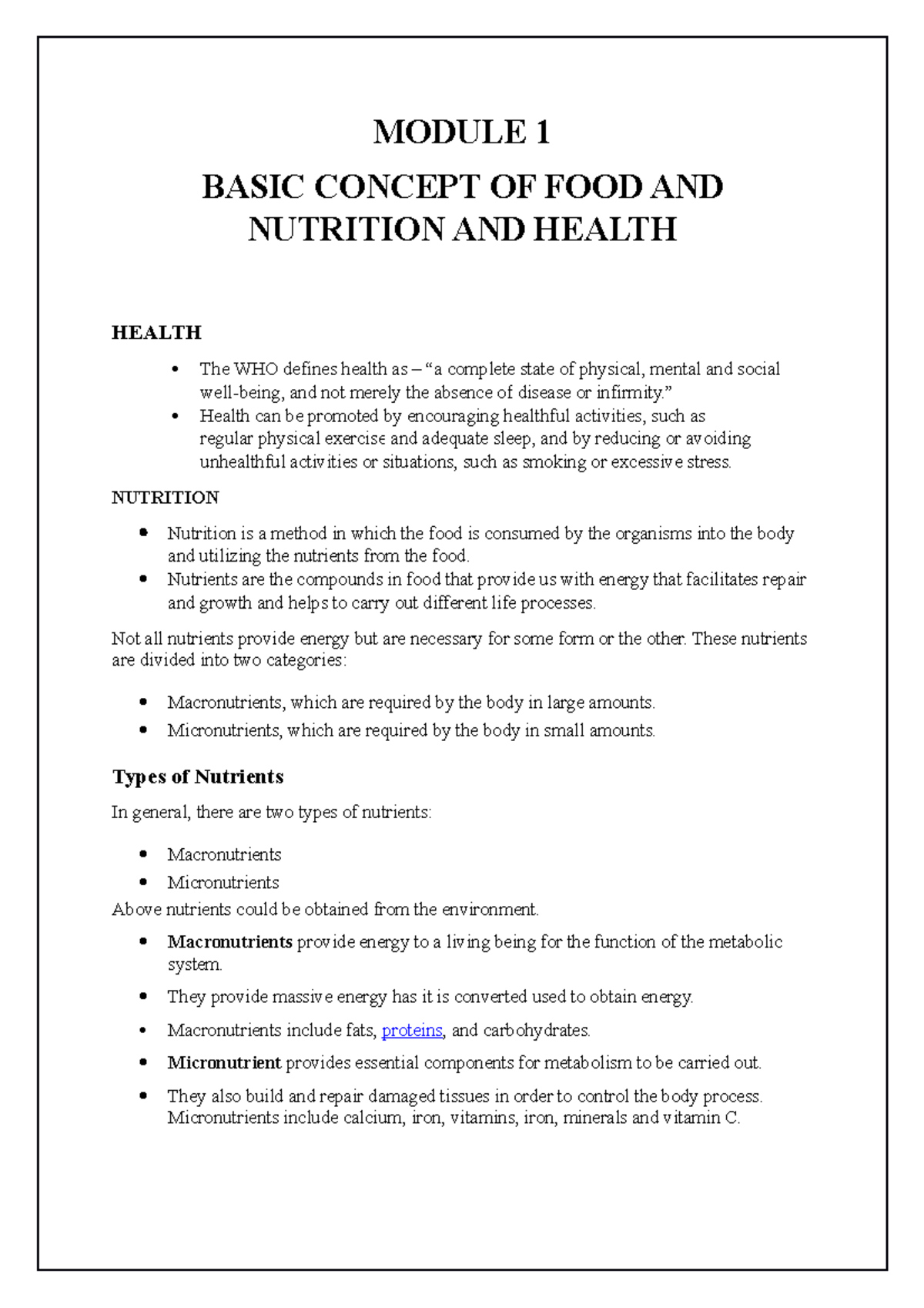 Module 1: Essentials of Food, Nutrition, and Health Concepts - Studocu