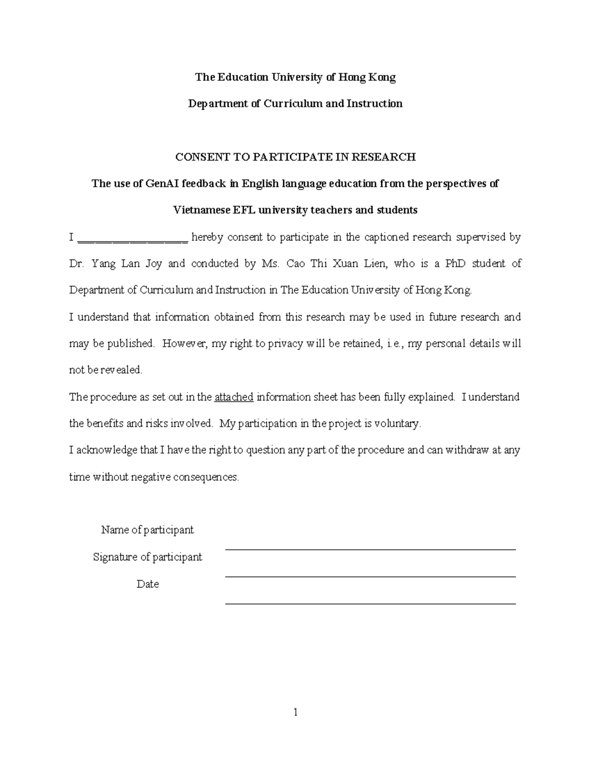 Consent Form and Participant Info Sheet: GenAI in EFL Education - Studocu