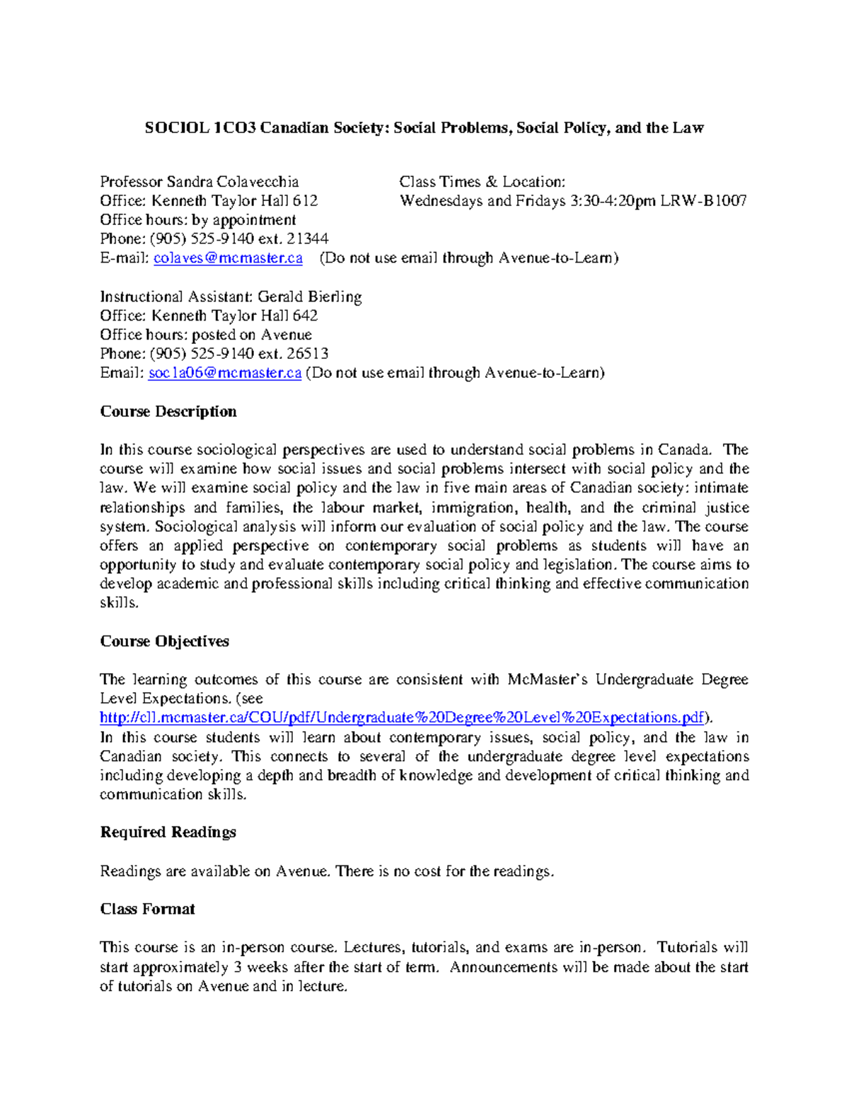Sociol 1C03 Course Outline - SOCIOL 1CO3 Canadian Society: Social Problems, Social Policy, and ...