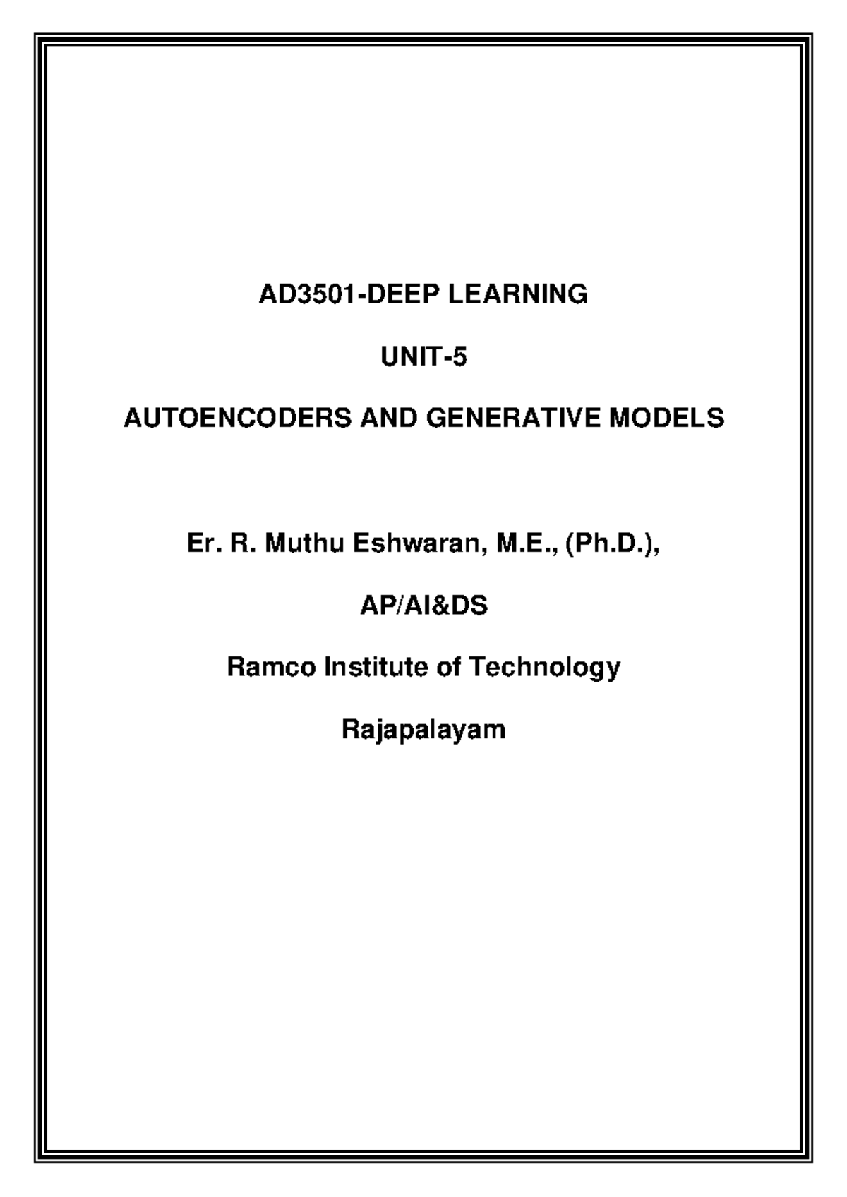 AD3501 - UNIT 5: AUTOENCODERS AND GENERATIVE MODELS NOTES - Studocu