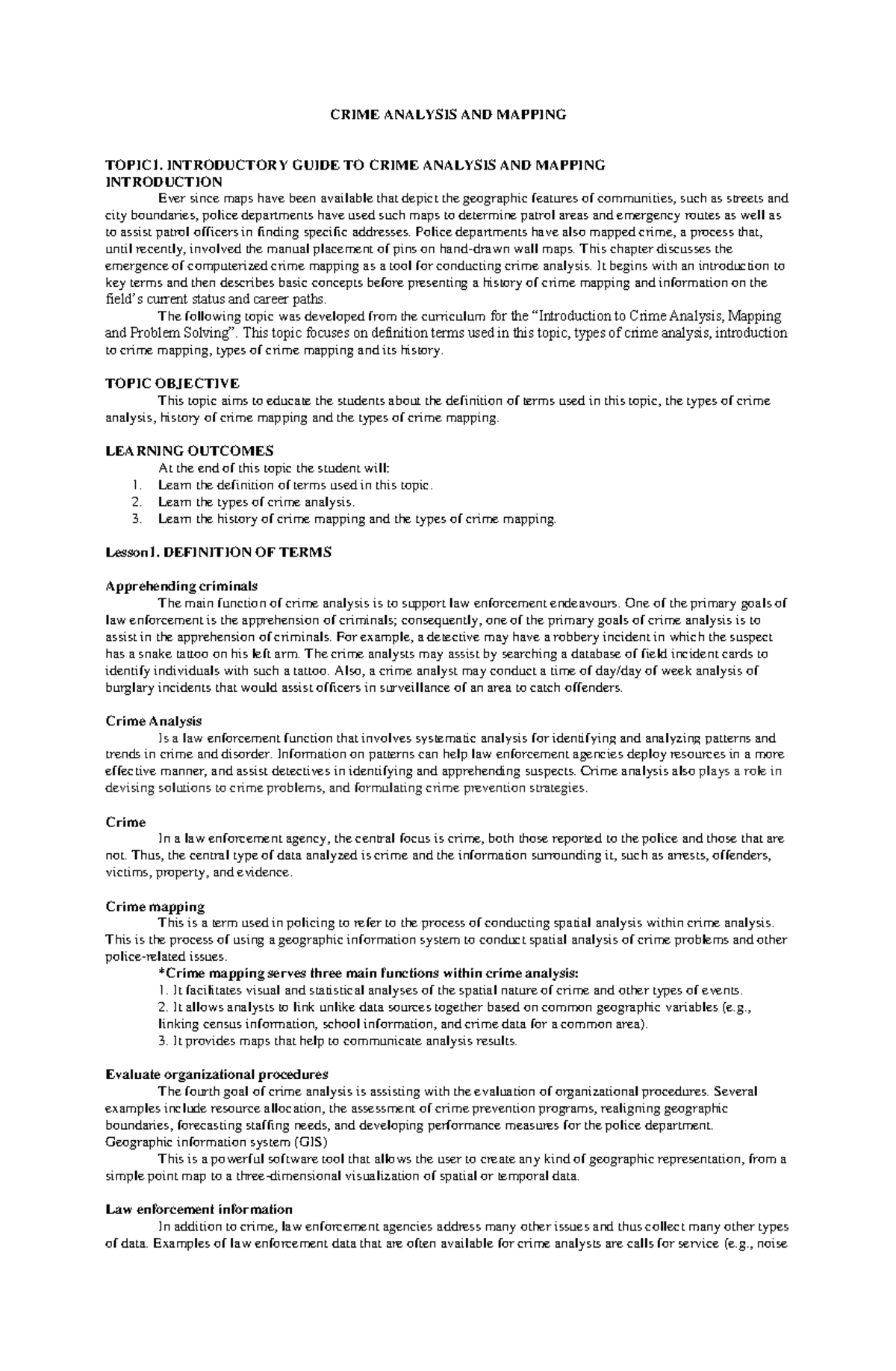 Topic 1: Crime Analysis & Mapping - Introductory Guide to Concepts - Studocu
