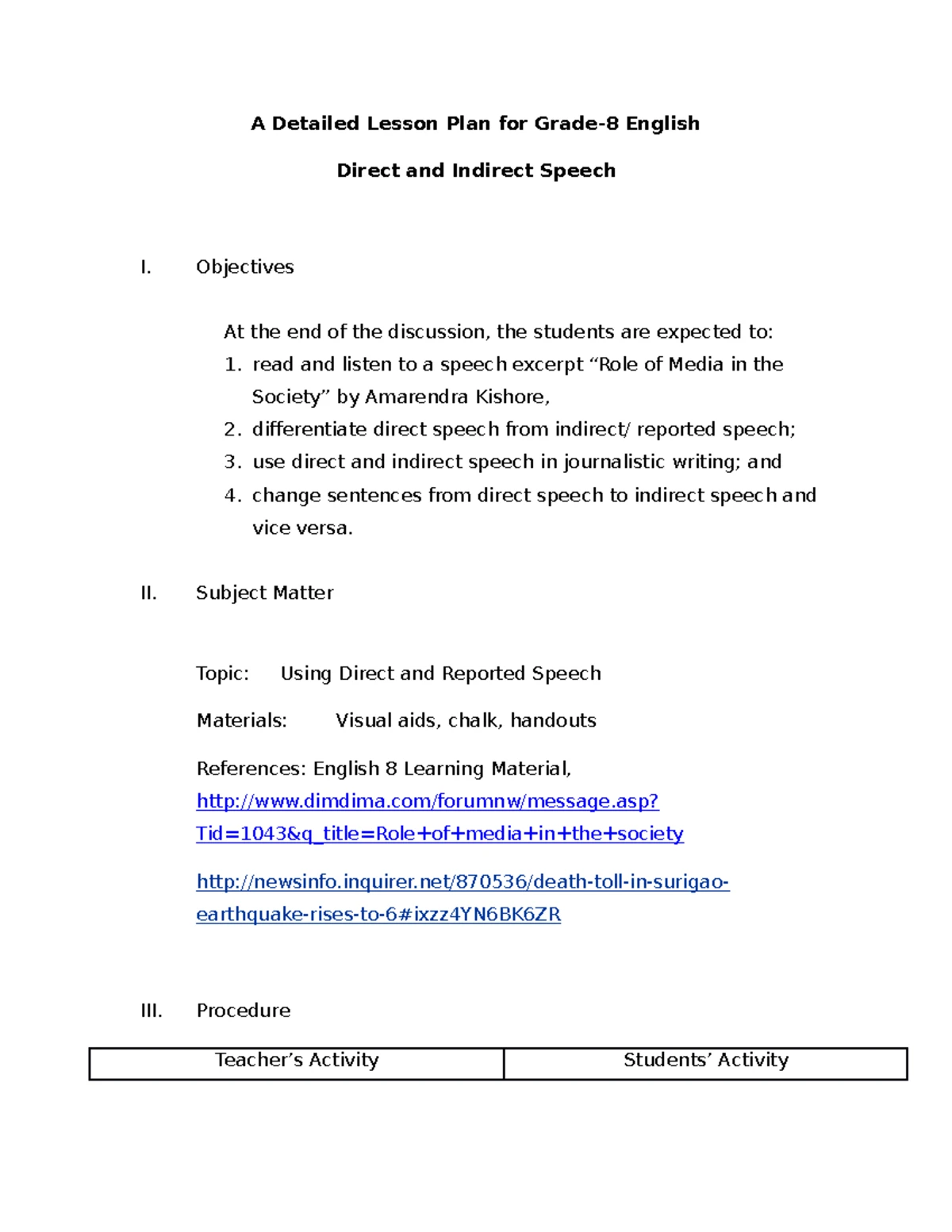 Semi-detailed lesson plan - A Semi- Detailed Lesson Plan in English 10 ...