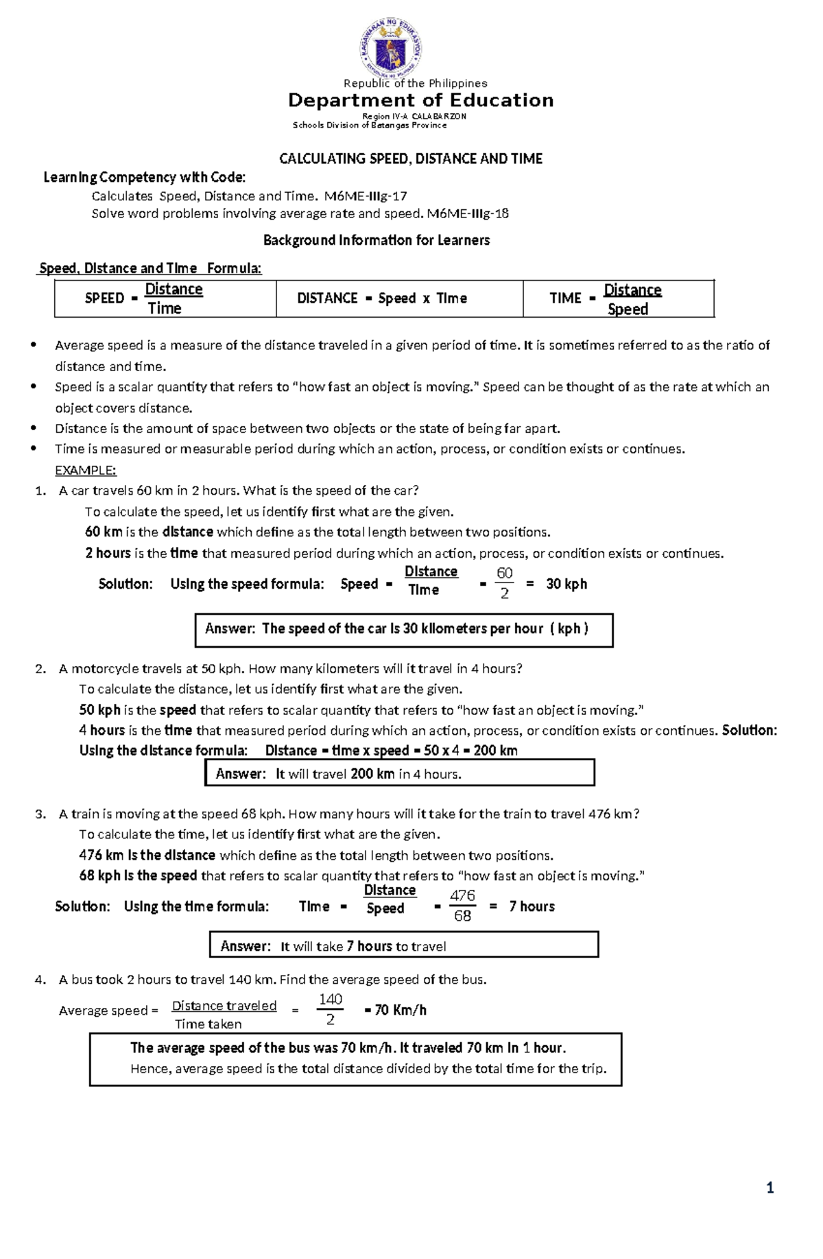 Calculating Speed, Distance, and Time: Learning Competency (Code ...