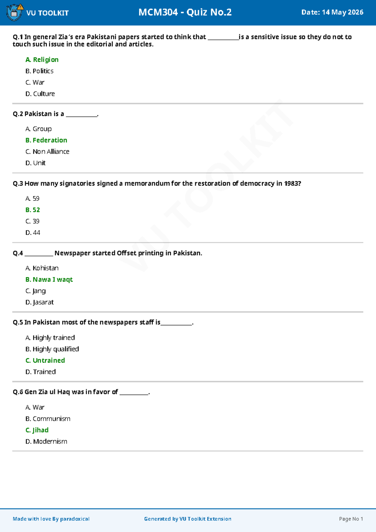 MCM304 Quiz No.2 Practice Questions - VU Toolkit - Studocu