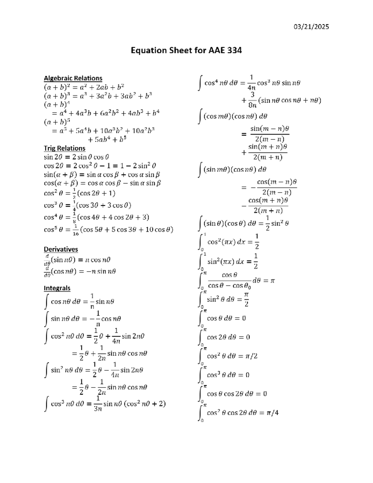 AAE 334 Equation Sheet with Updated Tables & Charts - Spring 2025 - Studocu