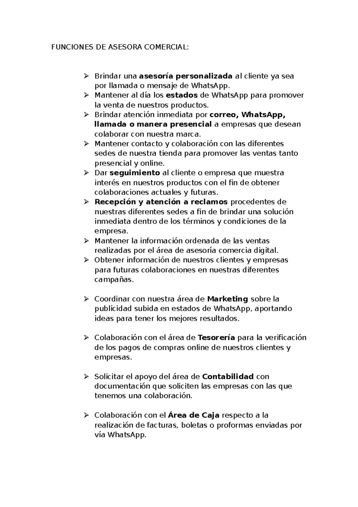 Funciones DE Asesora Comercial - FUNCIONES DE ASESORA COMERCIAL ...