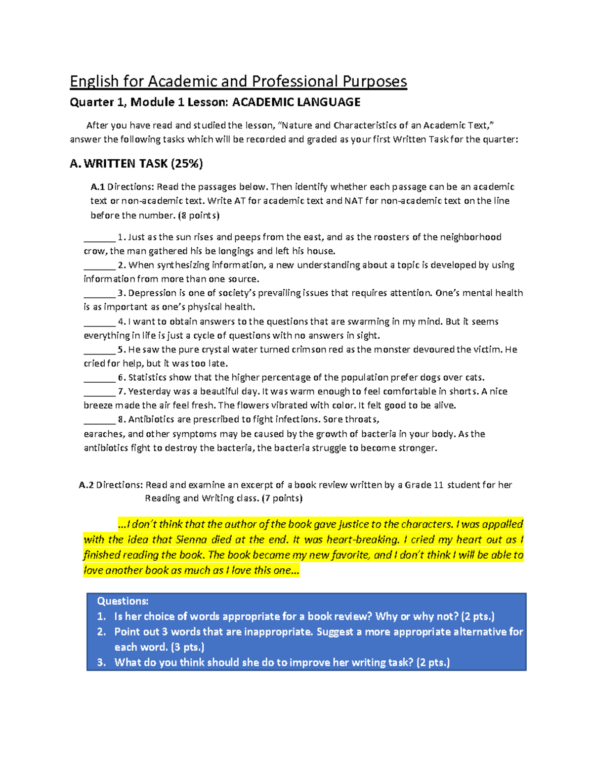 EAPP Q1M1 Written and Performance-Task - English for Academic and Professional Purposes Quarter ...