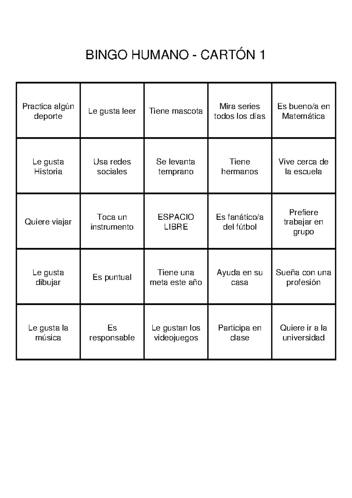 Cartones de Bingo Humano Secundaria: Actividades y Gustos - Studocu
