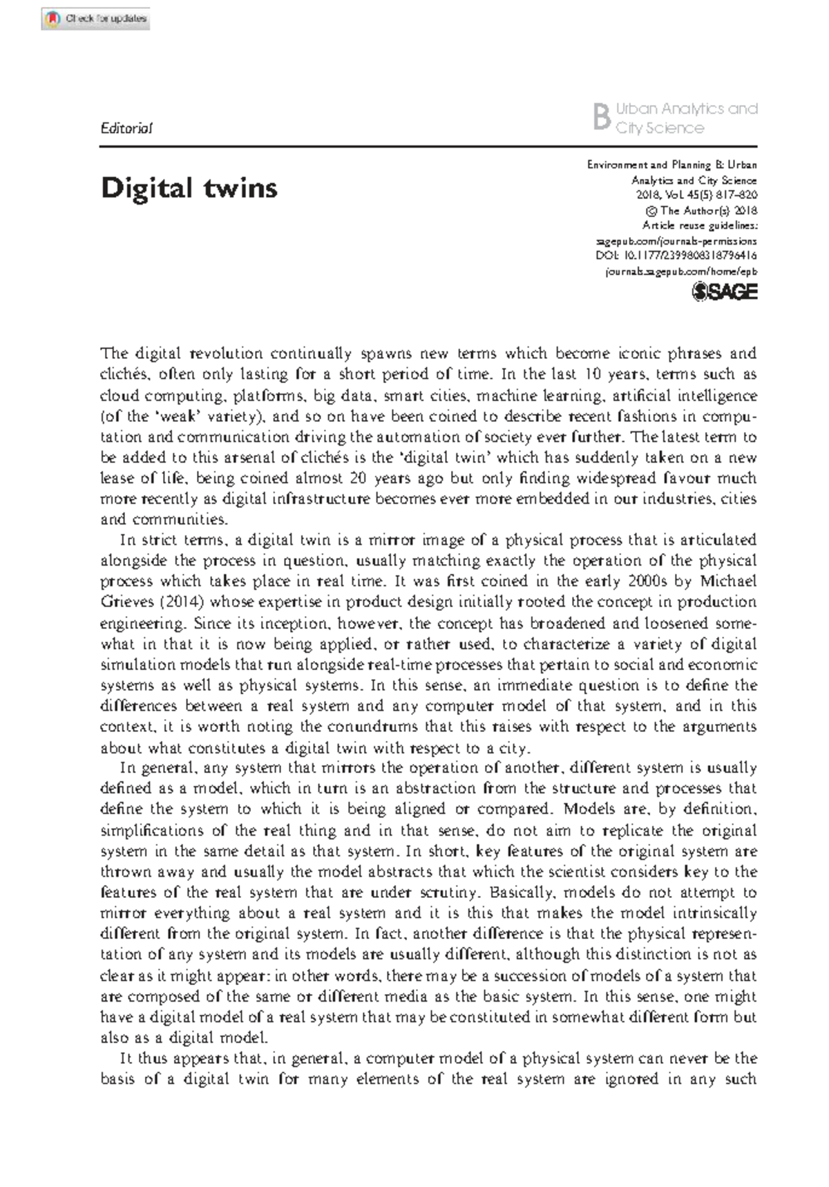 Digital Twins in Urban Analytics: Insights from Batty 2018 - Studocu