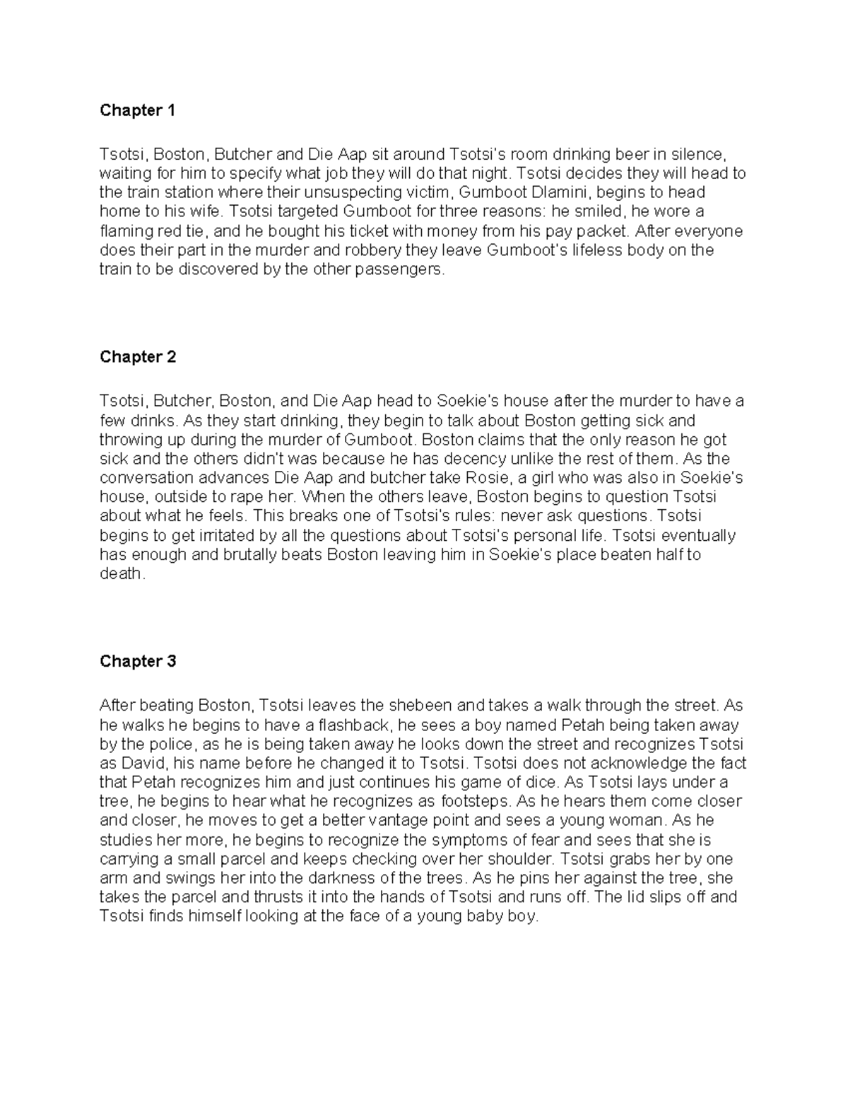Chapter Summaries of Tsotsi (ENG 101) - Studocu