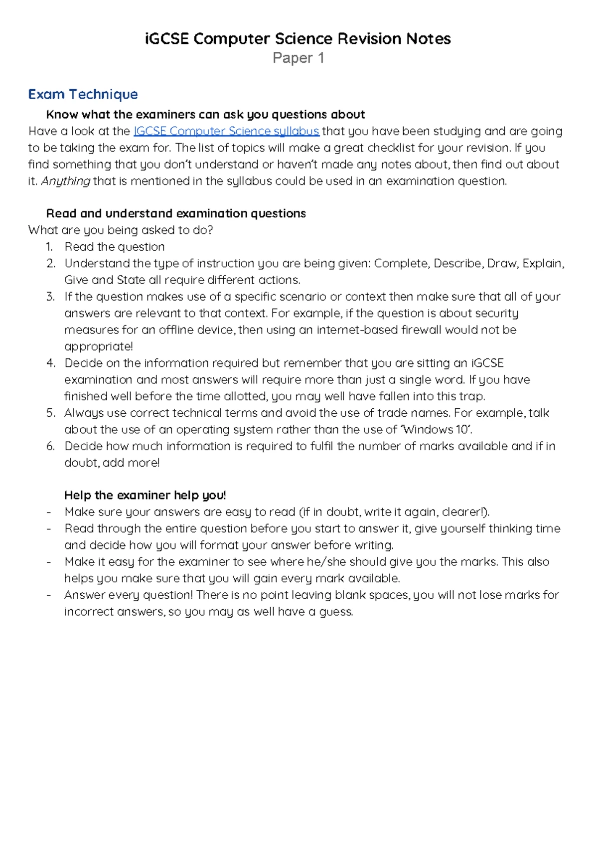 Igcse Computer Science Paper 1 Revision Notes Muthus Igcse Computer