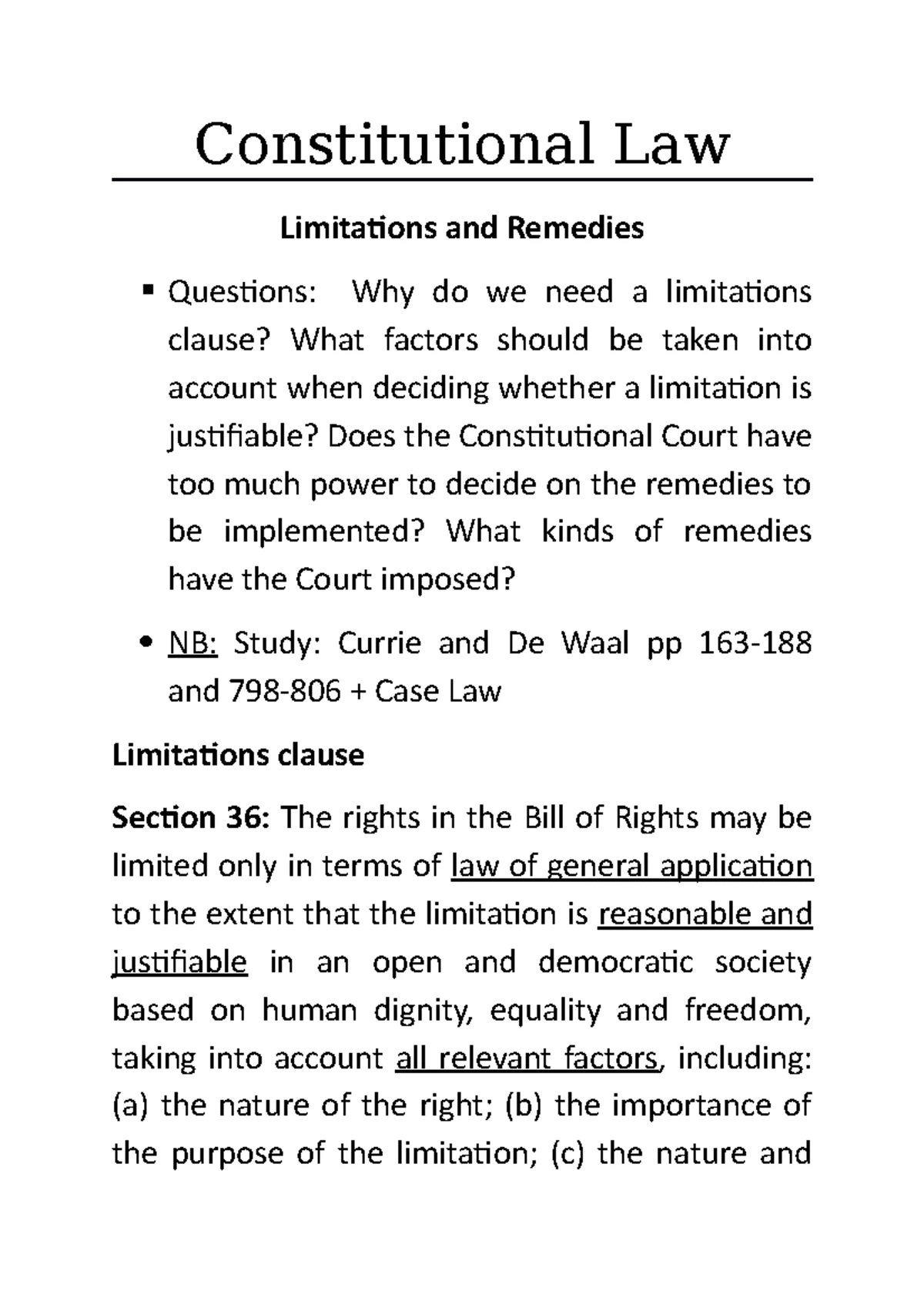 Notes - S36 – Limitation of Rights rights are not absolute and can be ...