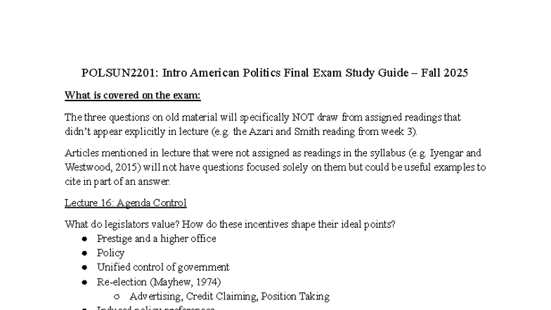POLSUN2201: Intro to American Politics Final Exam Study Guide - Studocu