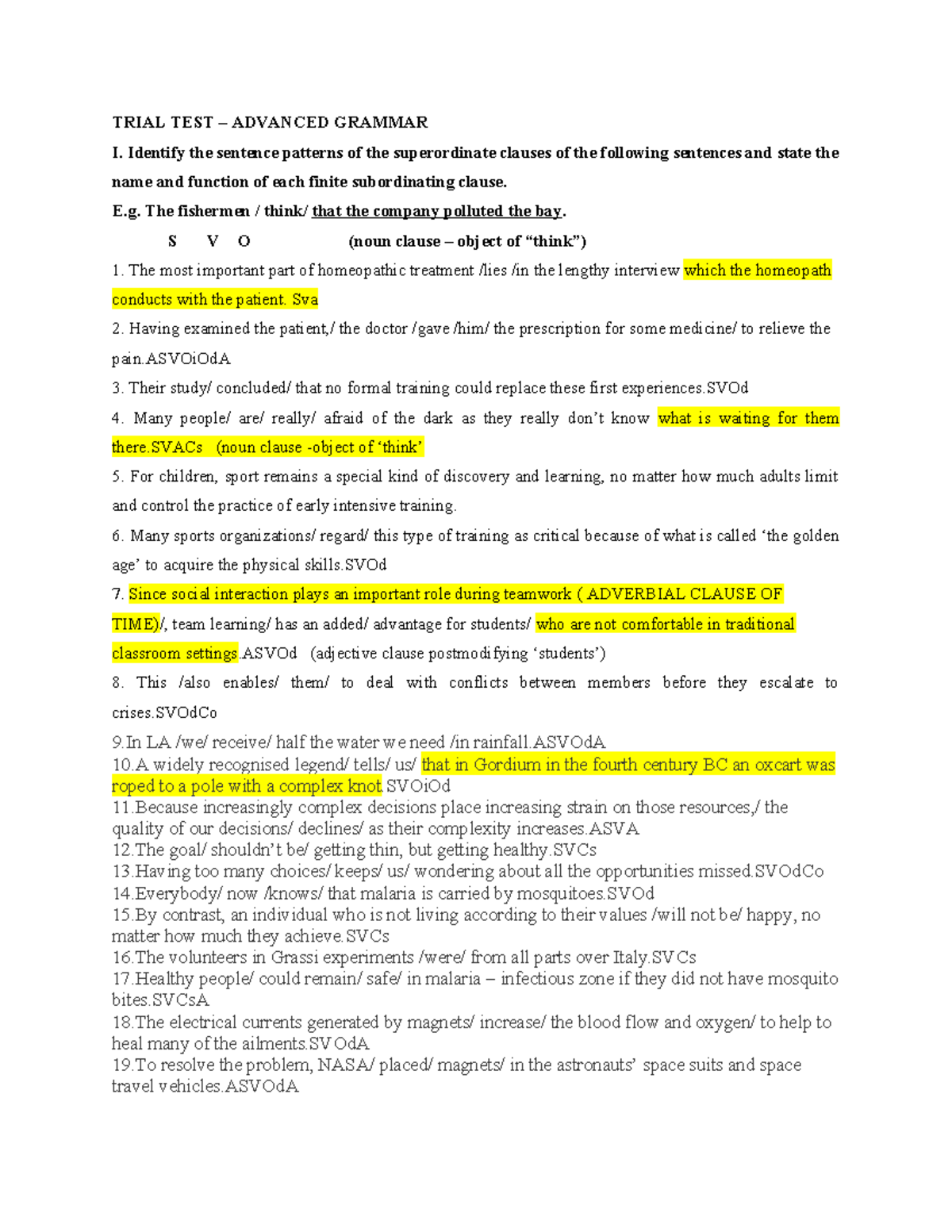 TRIAL TEST: ADVANCED GRAMMAR I - SAMPLE TEST 8 Analysis - Studocu