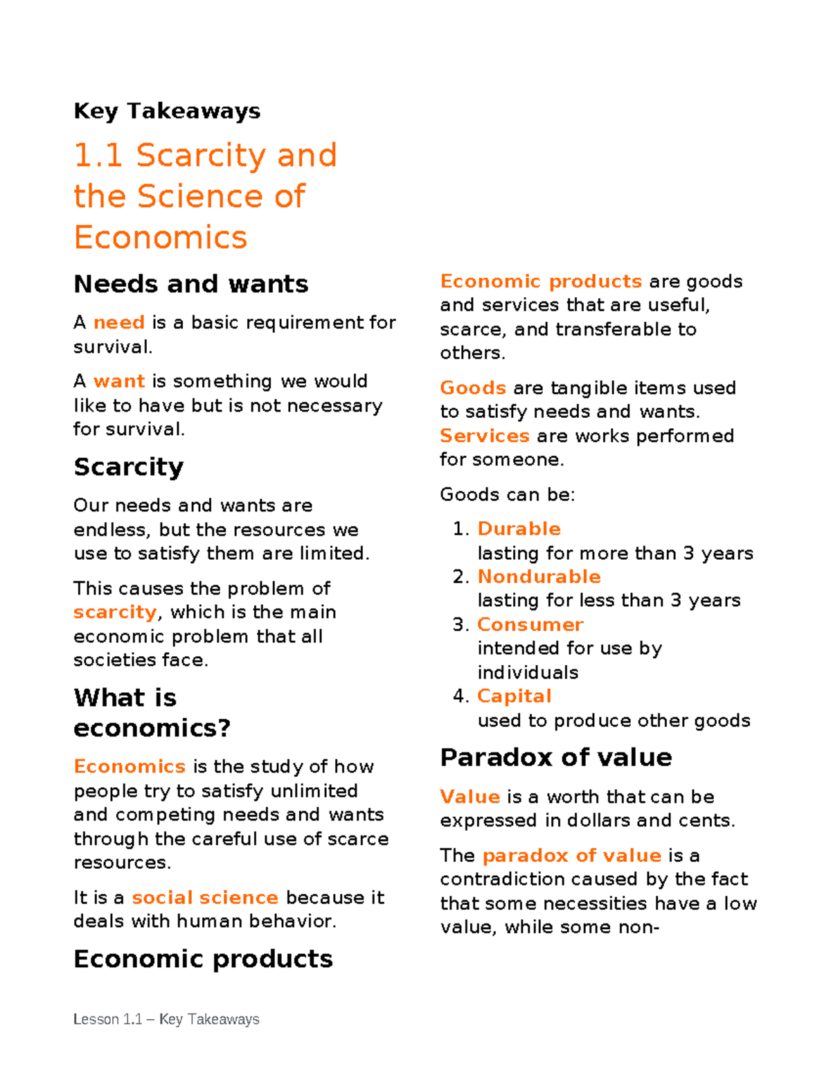 779465659 Lesson 1.1 Key Takeaways: Scarcity & Economic Concepts - Studocu