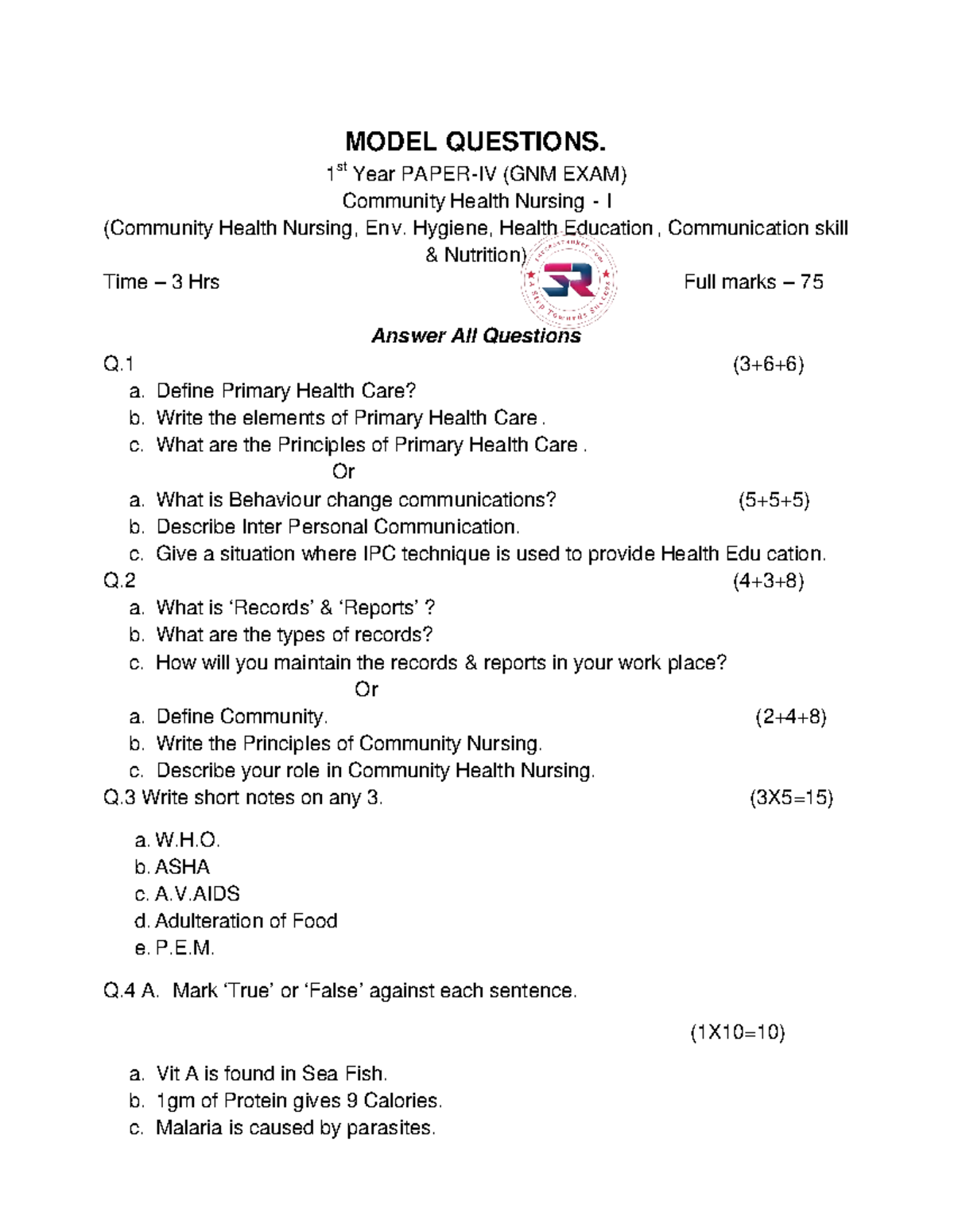 GNM 1st Year Community Health Nursing Paper I Previous Year Qs - Studocu