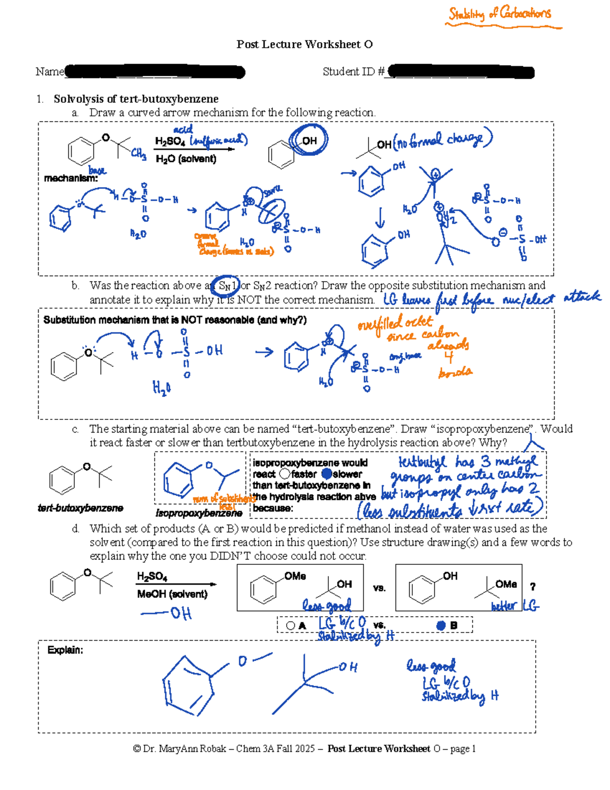 Post Lecture Worksheet: SN1 Reactions & Hydrolysis (Chem 3A, Fall 2025 ...