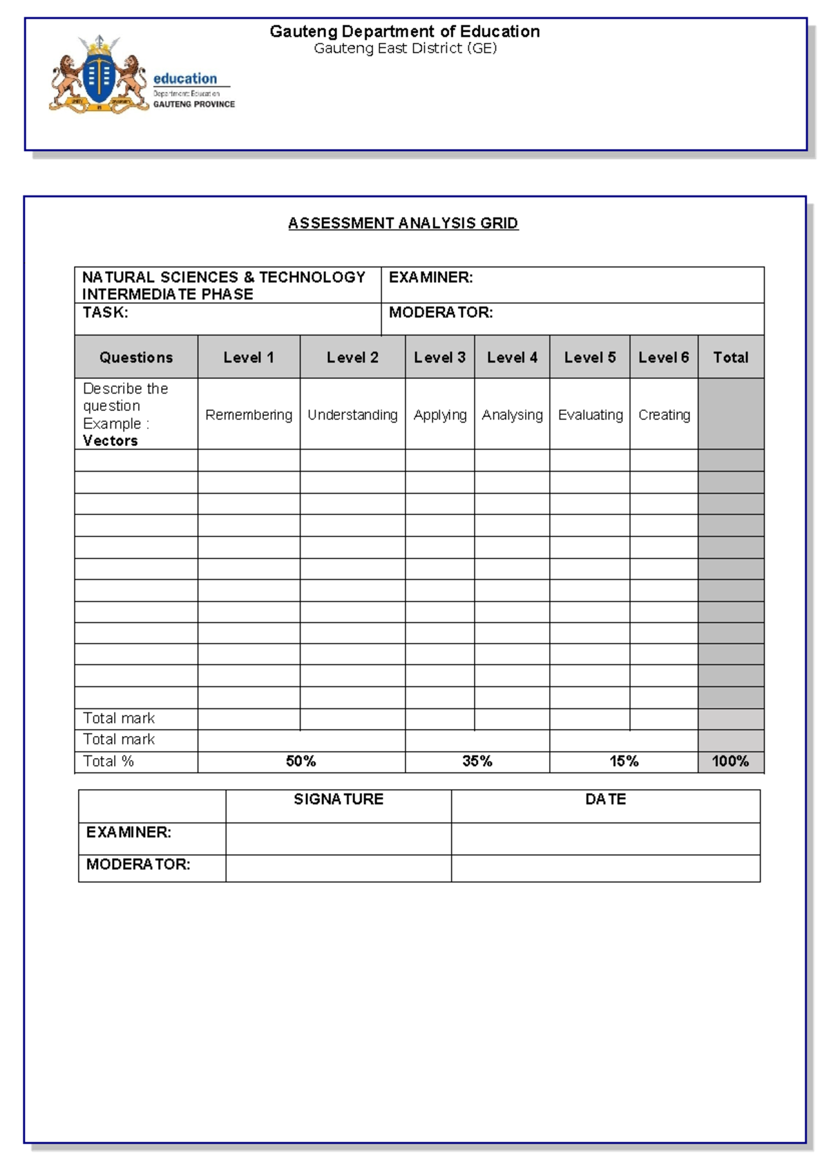 Gauteng East District (GE) Assessment Analysis Grid for Intermediate ...