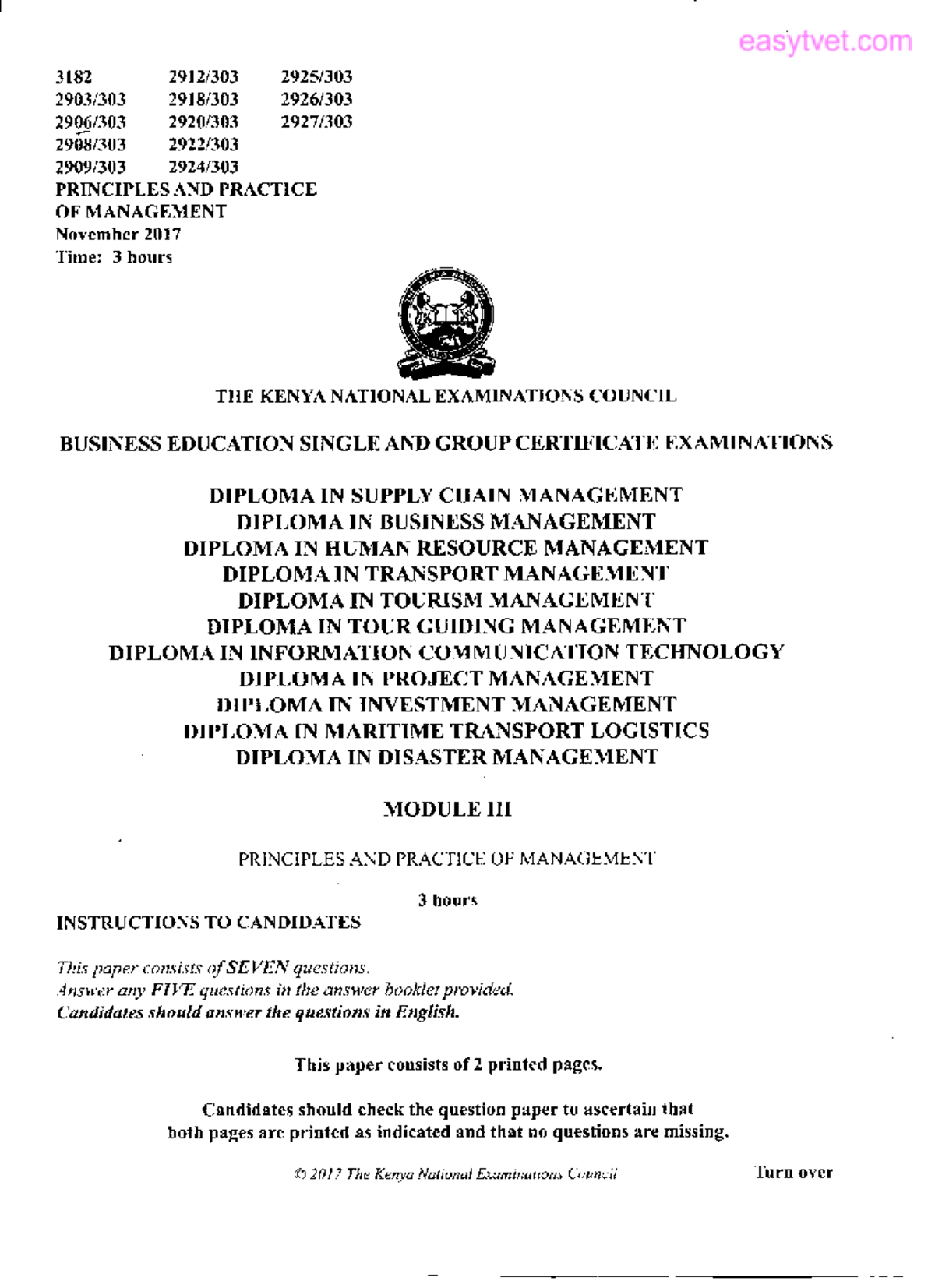 PPM 3182 November 2017 Past Paper - Principles & Practice of Management ...