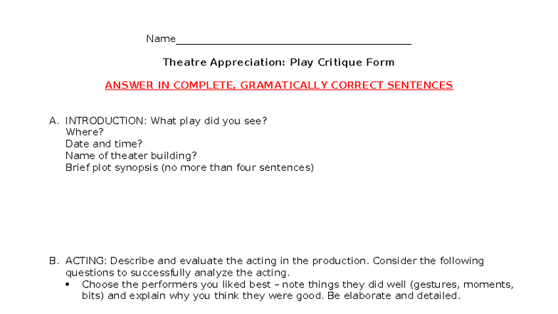Play Critique Form - idk - Name ...