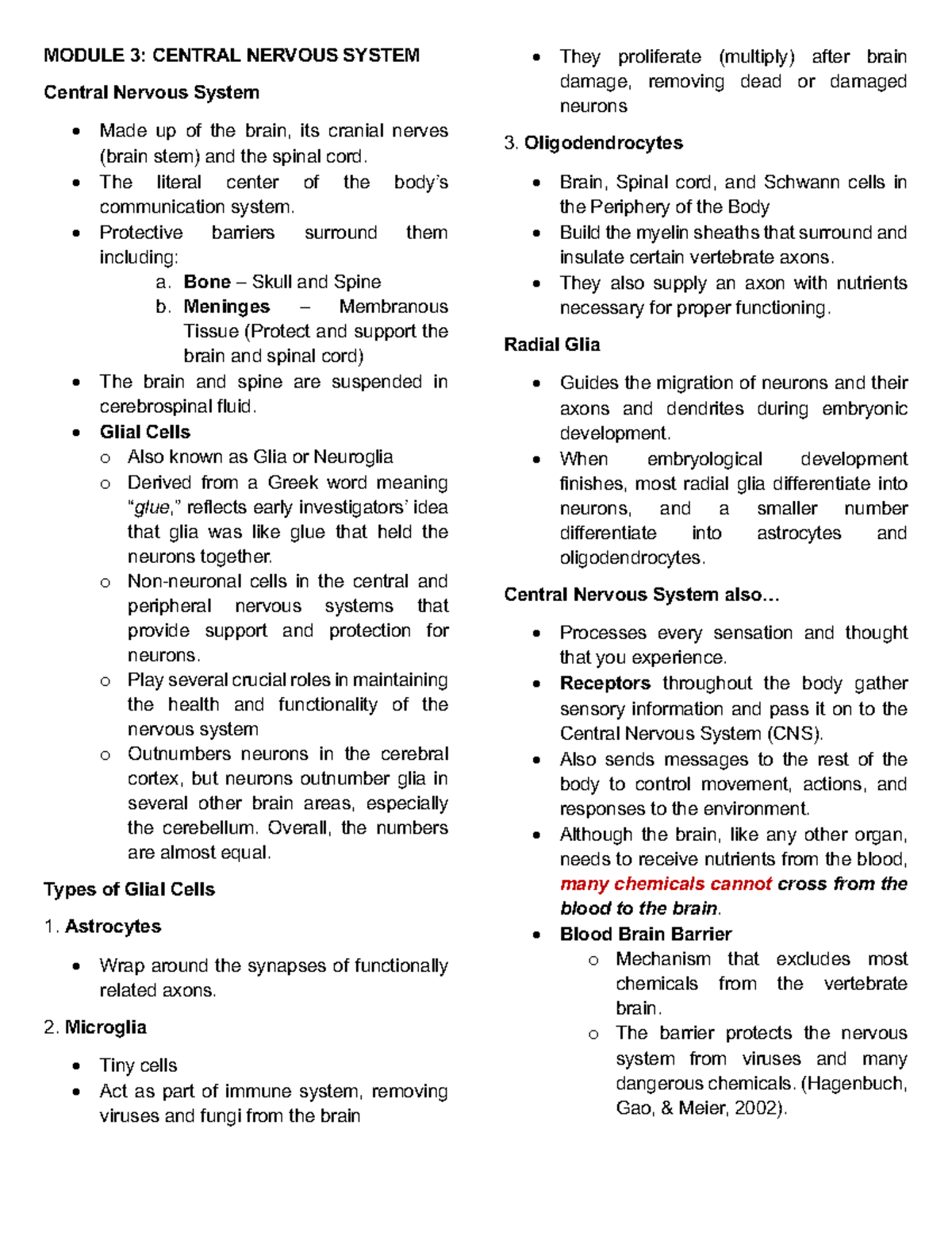 Physio Module 3: Overview of the Central Nervous System Functions - Studocu