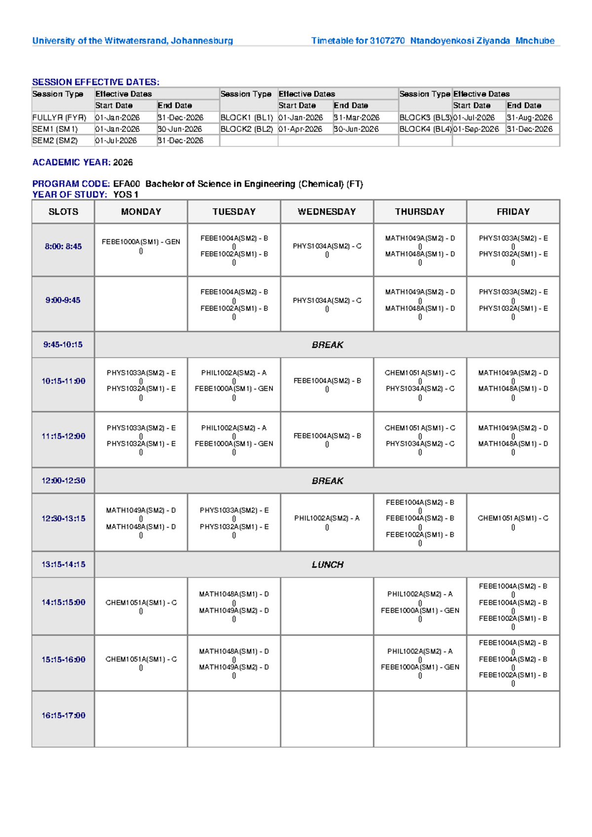 Wits University Timetable for EFA00 BSc Engineering 3107270 - Studocu