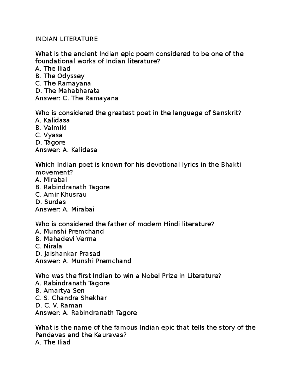 Indian Literature - QUIZ - INDIAN LITERATURE What is the ancient Indian ...