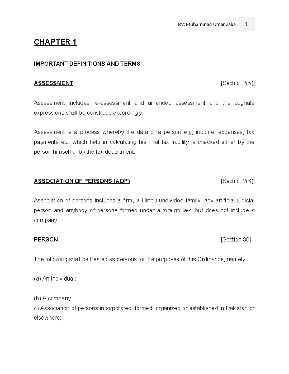 Income Tax Notes 2025 UCP: Key Definitions and Concepts - Studocu