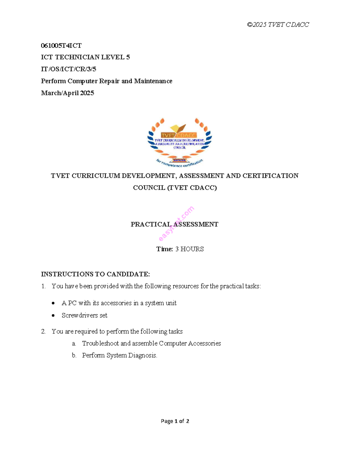 TVET CDACC 061005T4ICT ICT Technician Level 5: Comp Repair & Maint 2025 ...