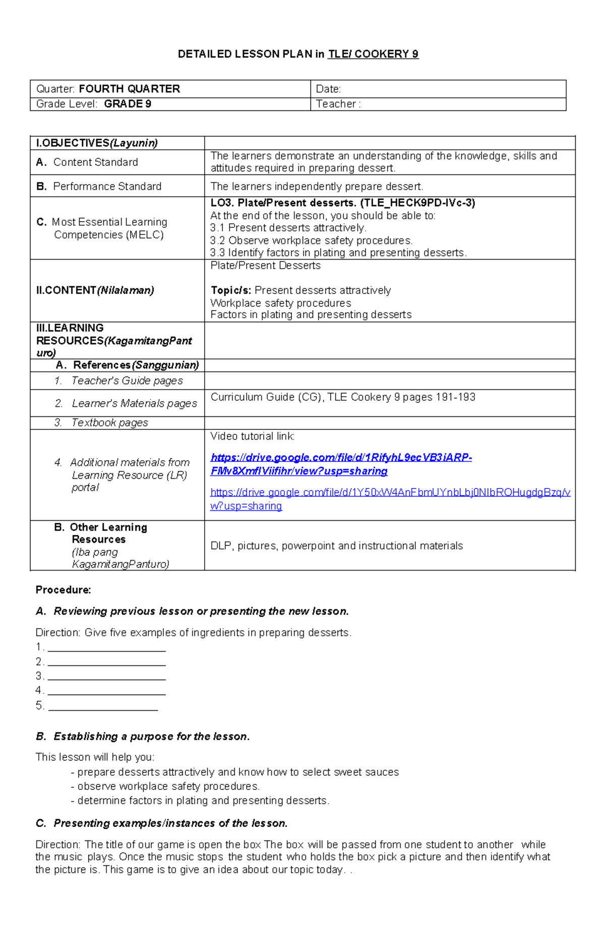 TLE_COOKERY9 Lesson Plan: Plating Desserts & Safety Procedures - Studocu