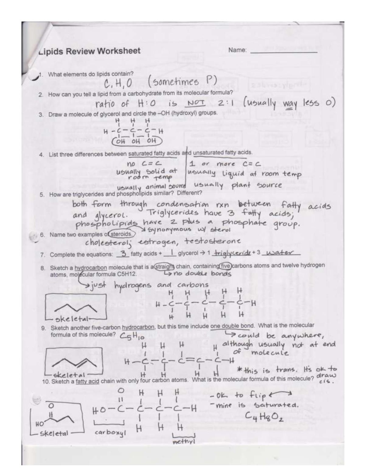 Lipids Worksheet Answer Key with Detailed Explanations - Studocu