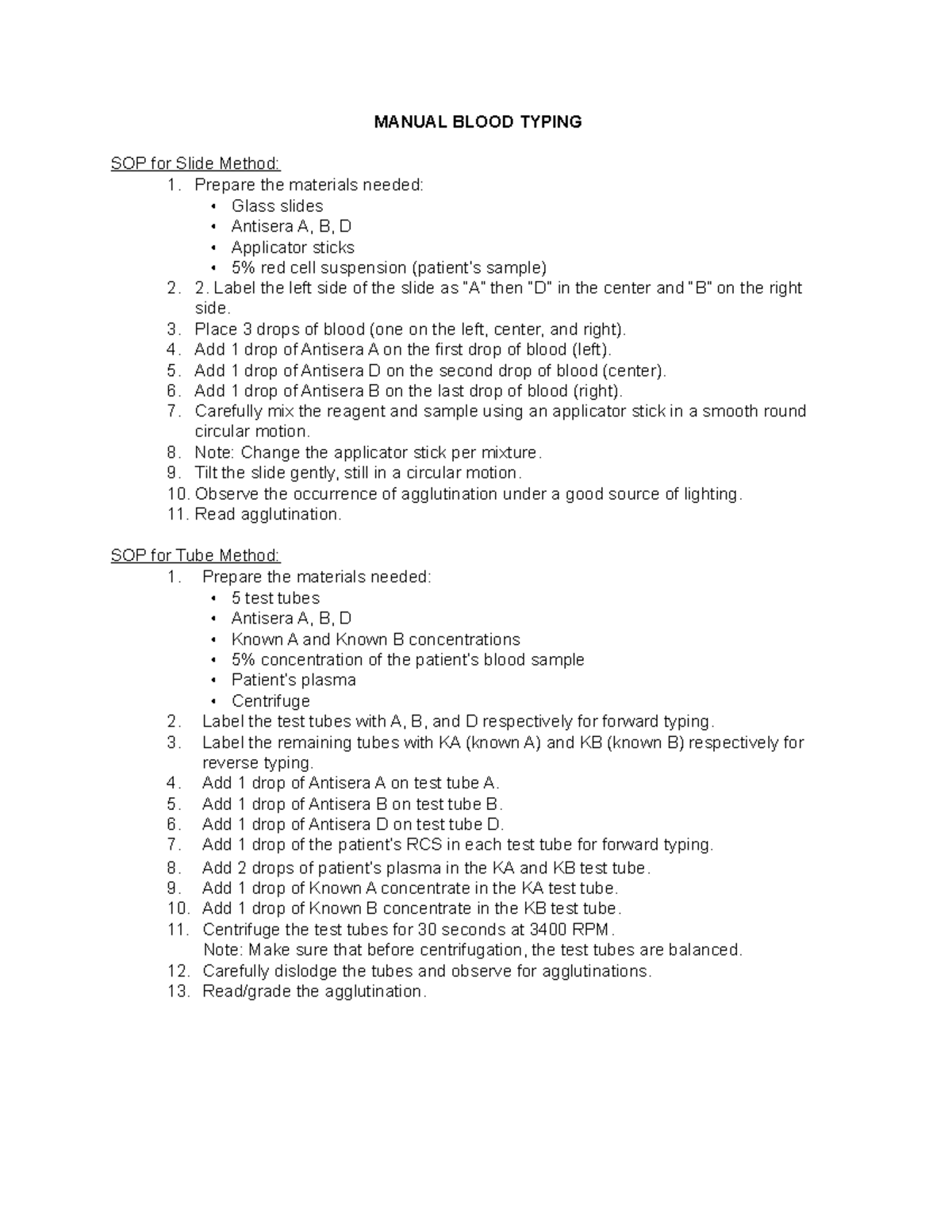 Blood Typing Methods: SOPs for Slide, Tube, and Gel Techniques - Studocu