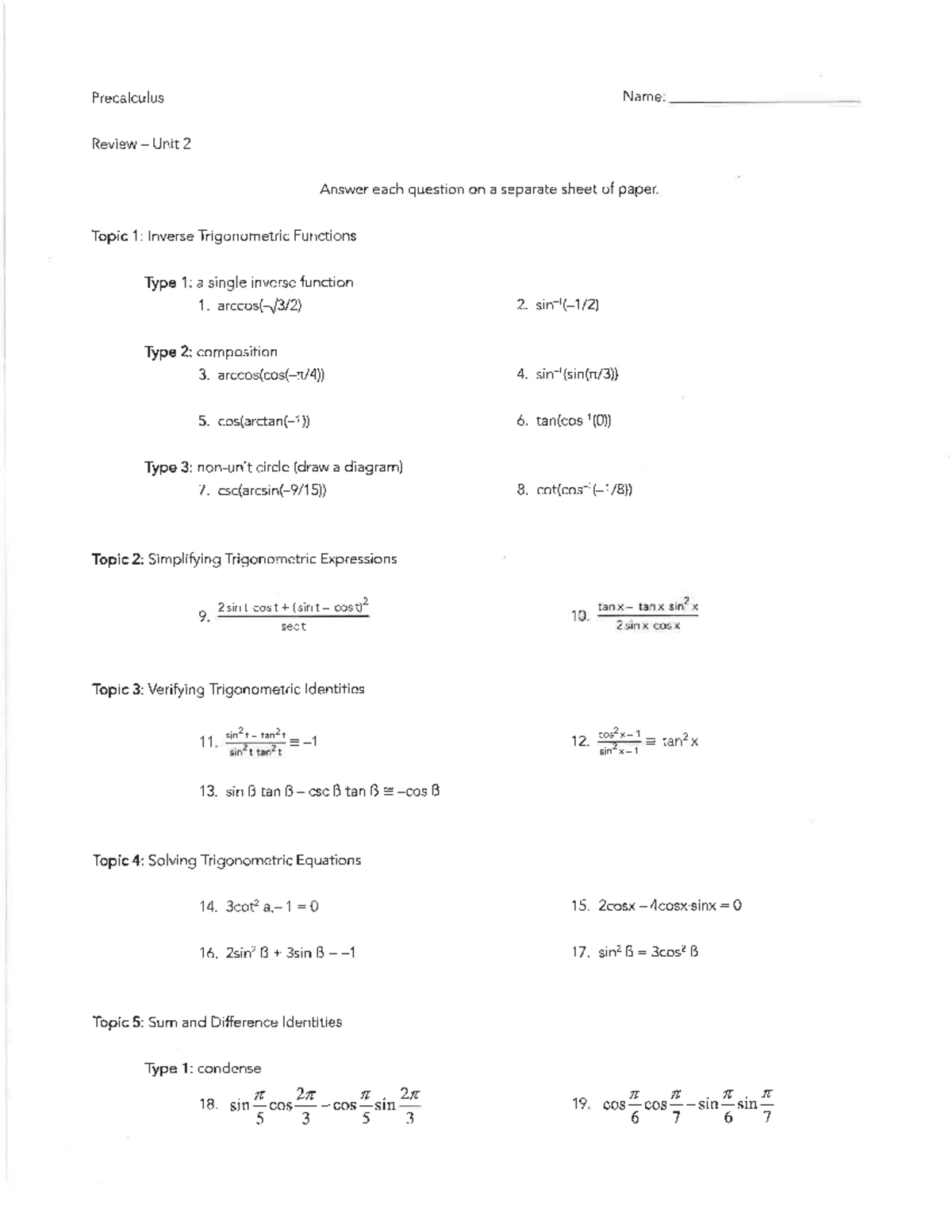 Unit 2 Test Review Answer Key - Precalculus Name: Review Unit 2 Answer ...