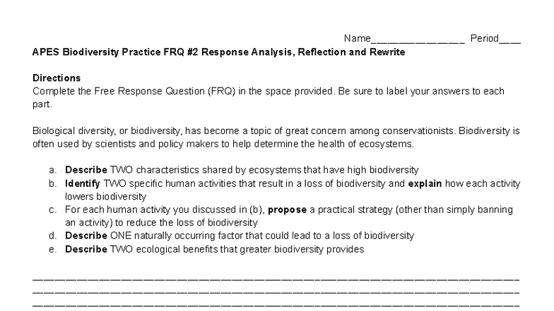 APES Biodiversity Practice FRQ: Analysis & Strategies for Conservation ...