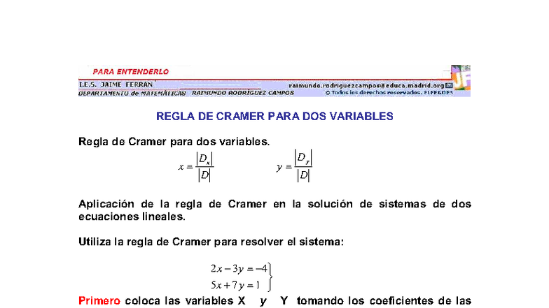 Regla de Cramer para Dos Variables - Material de Apoyo Académico - Studocu