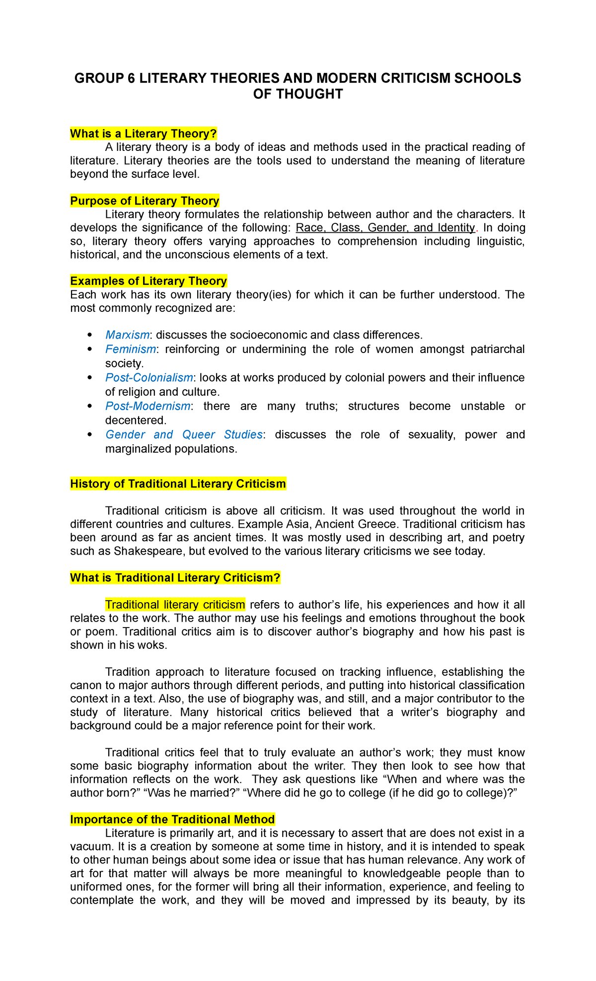 Literary Criticism Reviewer - GROUP 6 LITERARY THEORIES AND MODERN ...