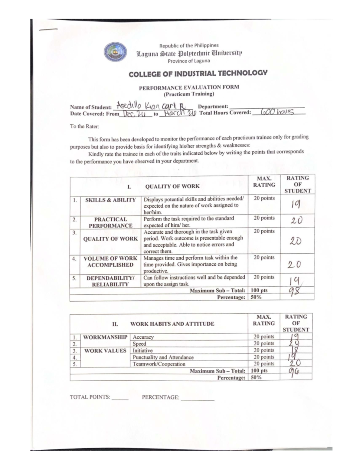 Performance Evaluation Form for Practicum Training (CIT) - Studocu