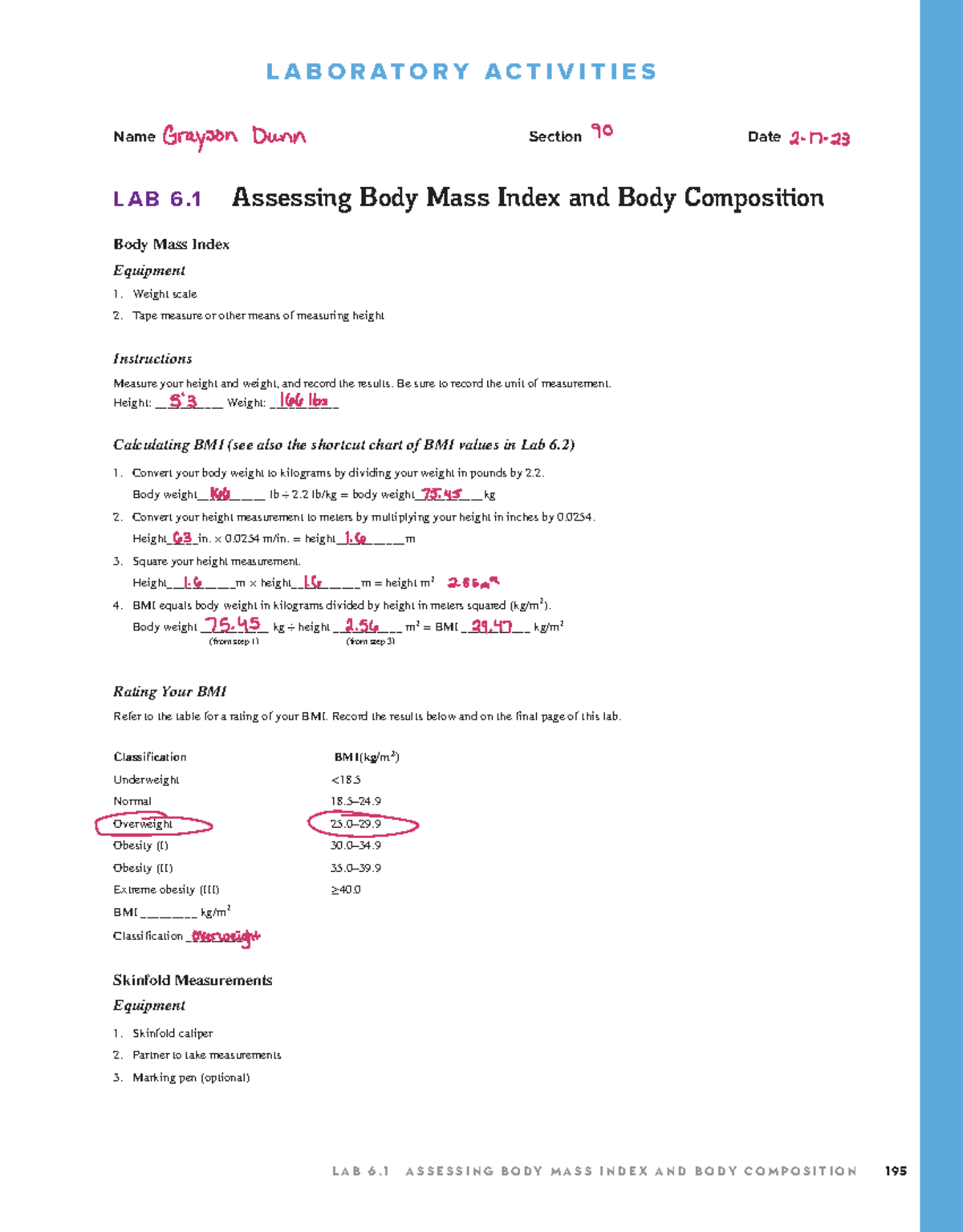 Lab 6.1 - Assessing Body Mass Index & Body Composition Assignment - Studocu