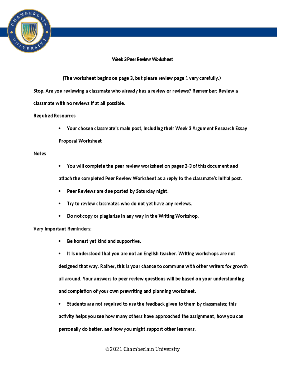 ENGL148 Week 3 Peer Review Worksheet Guidelines - Studocu