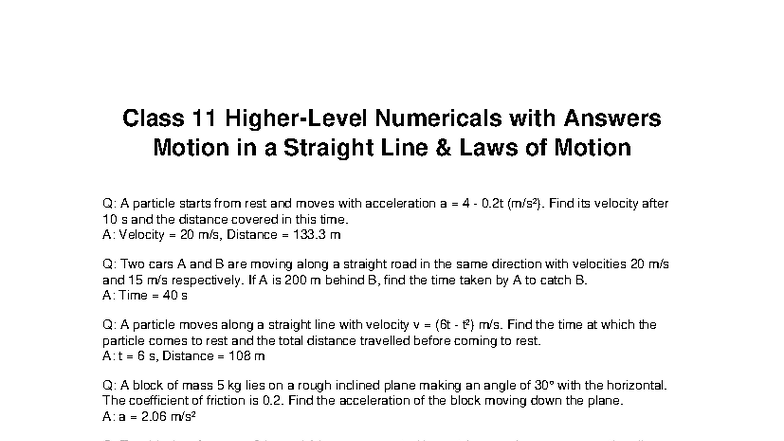 Class 11 Motion Laws Numericals with Solutions and Answers - Studocu