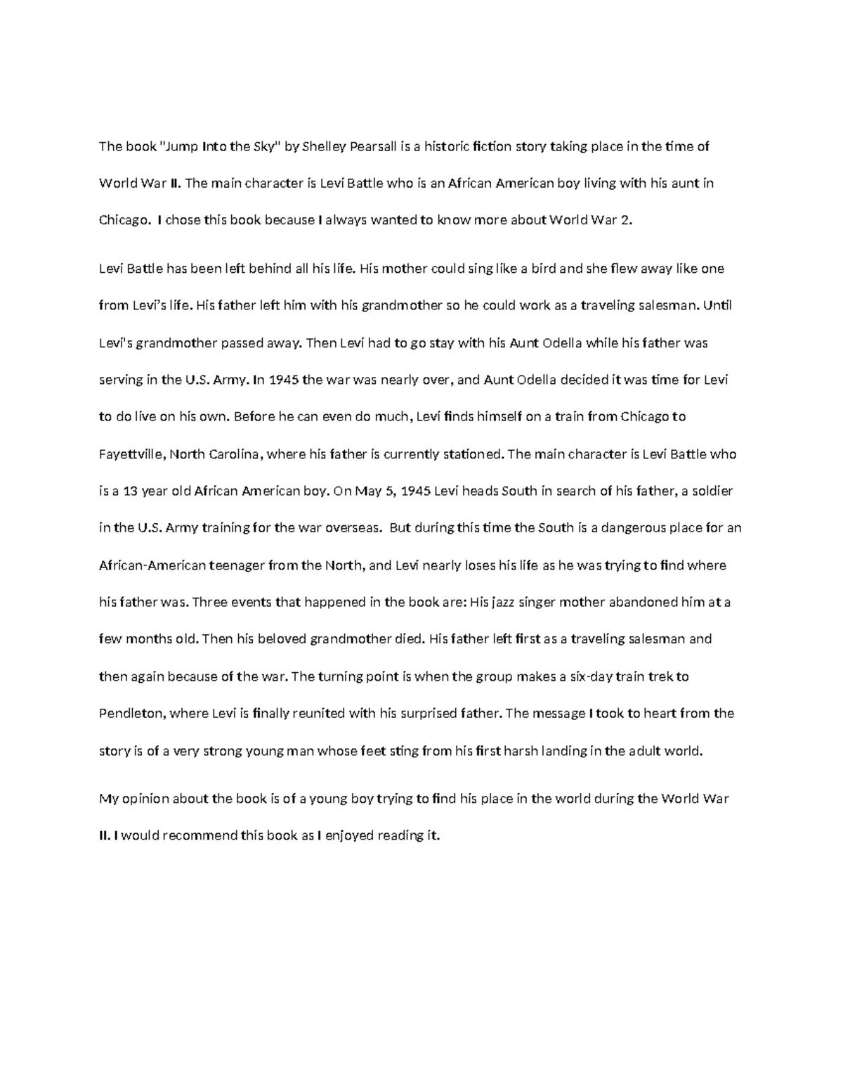 Book Report: "Jump Into the Sky" by Shelley Pearsall - Studocu