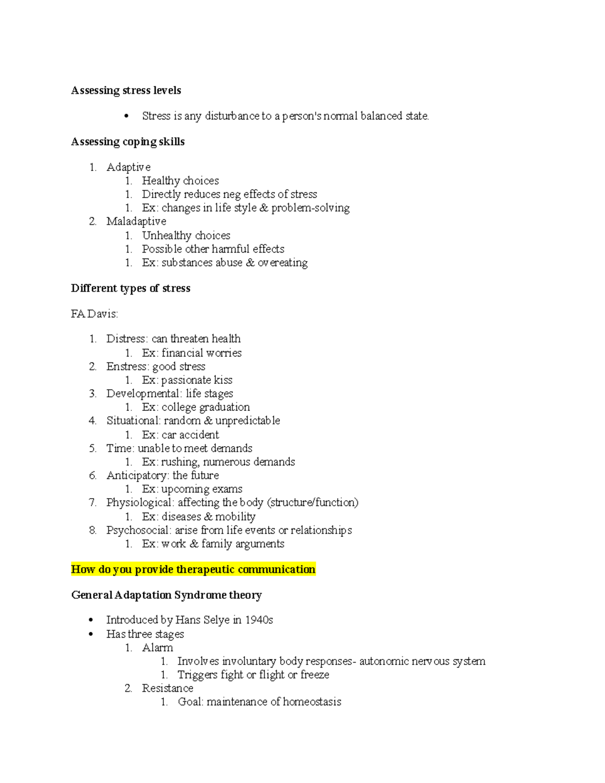 Nur 215 Exam 4 Study Guide Stress Assessment Management Techniques