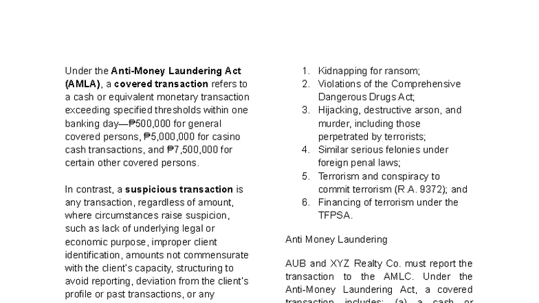 AMLA Overview: Covered & Suspicious Transactions in Banking - Studocu