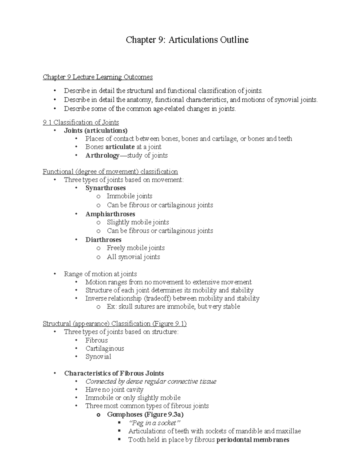 Chapter 9: Articulations & Movements of Synovial Joints - Studocu